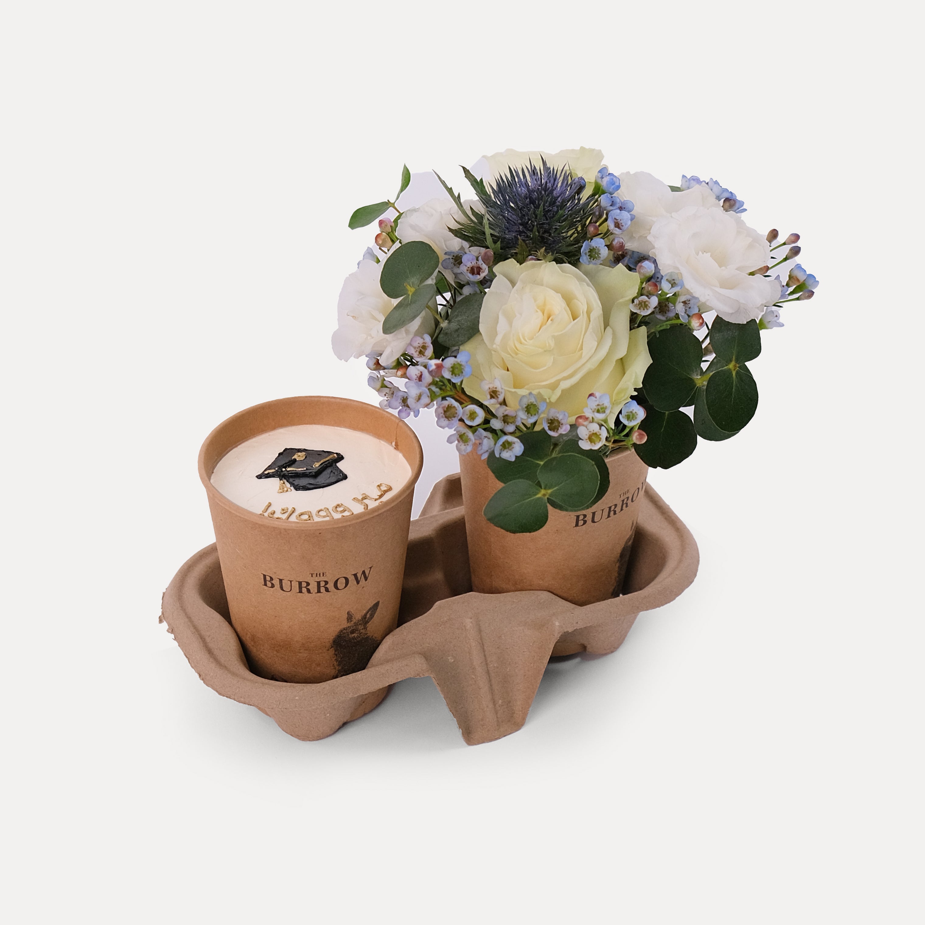 CHOCOLATE CUP CAKE WITH WHITE FLOWERS ARRANGEMENT – TWIGS