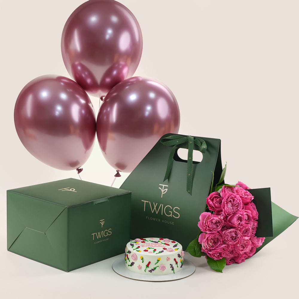 Juliet Cerise Hand Bouquet with Cake & Balloons | Birthday Flowers ...