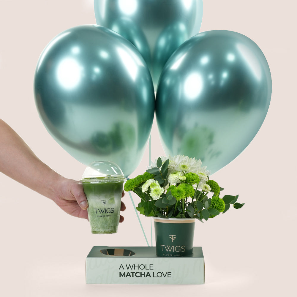 Classic Matcha Bloom Duo with Balloons | Flowers & Balloons Dubai – TWIGS